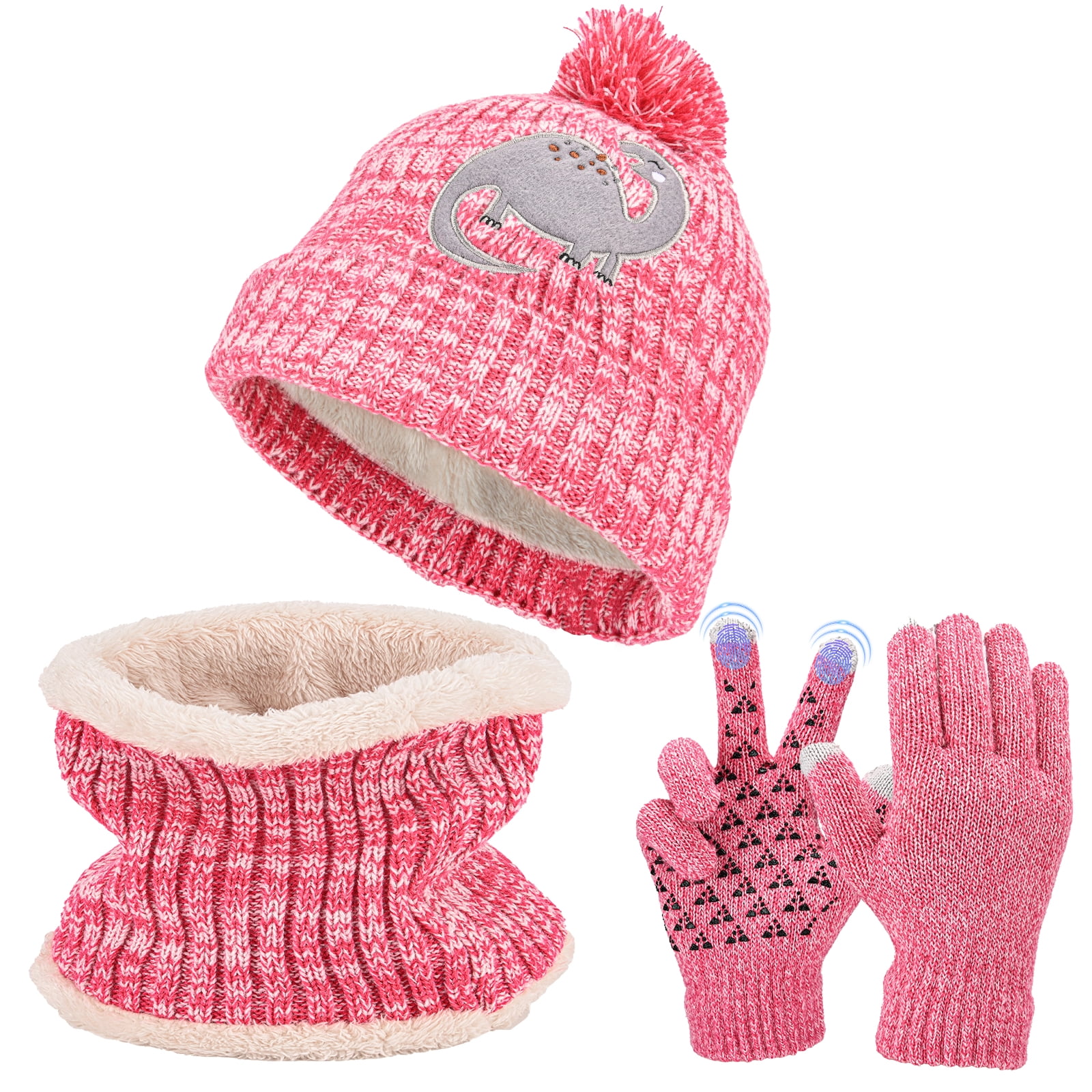 Kids Winter Hat Scarf Gloves Set - 3 Pcs Warm Knit Beanie Circle Scarf ...