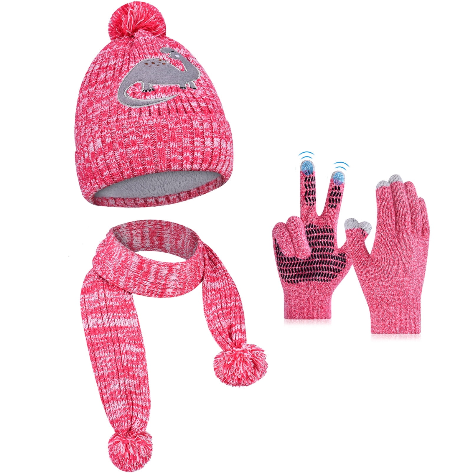 Kids Winter Hat Scarf Gloves Set - 3pcs Warm Knit Beanie Cap Circle ...