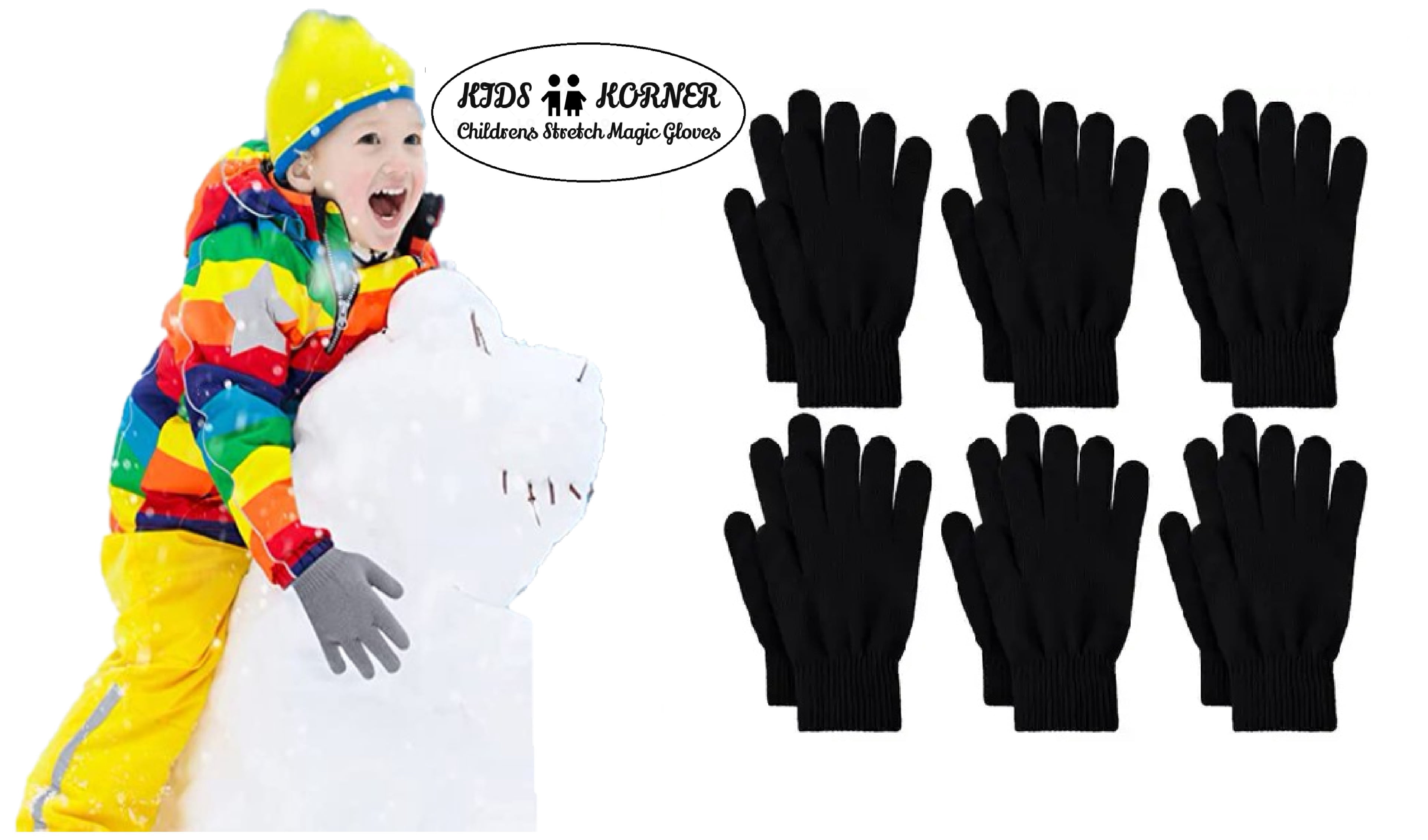 Midewhik Unisex Magic Gloves 6-Pack, Kids Winter Stretch, Black, for ...