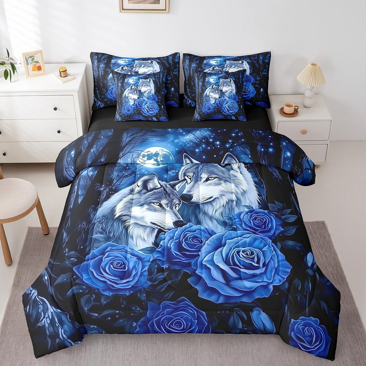 Wolf 7 Pieces Bed In A Bag,Blue Rose Wolves Comforter Set,Jungle Moon ...