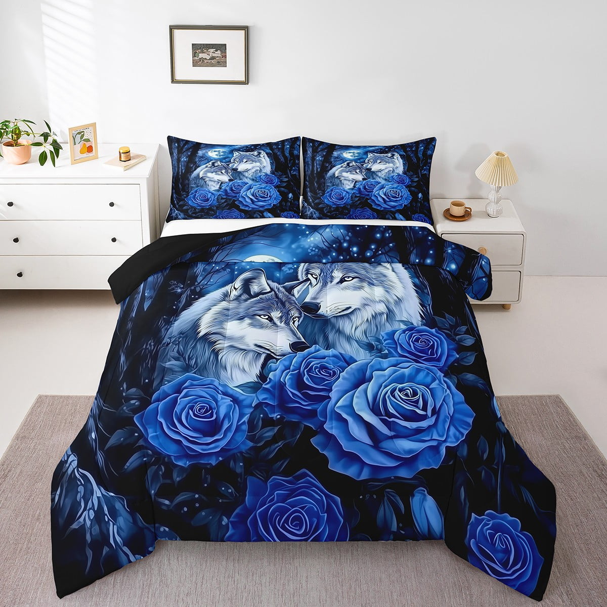 Wolf Down Comforter,Blue Rose Wolves Comforter Sets,Jungle Moon Twin ...