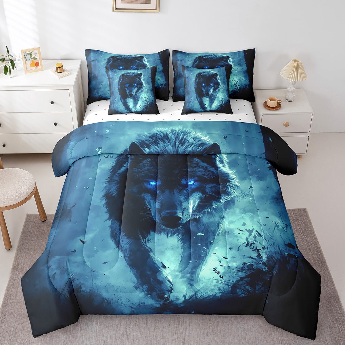 Wolf Full Bed In A Bag Blue Wolves Print Comforter Set,Wildlife Animlas ...