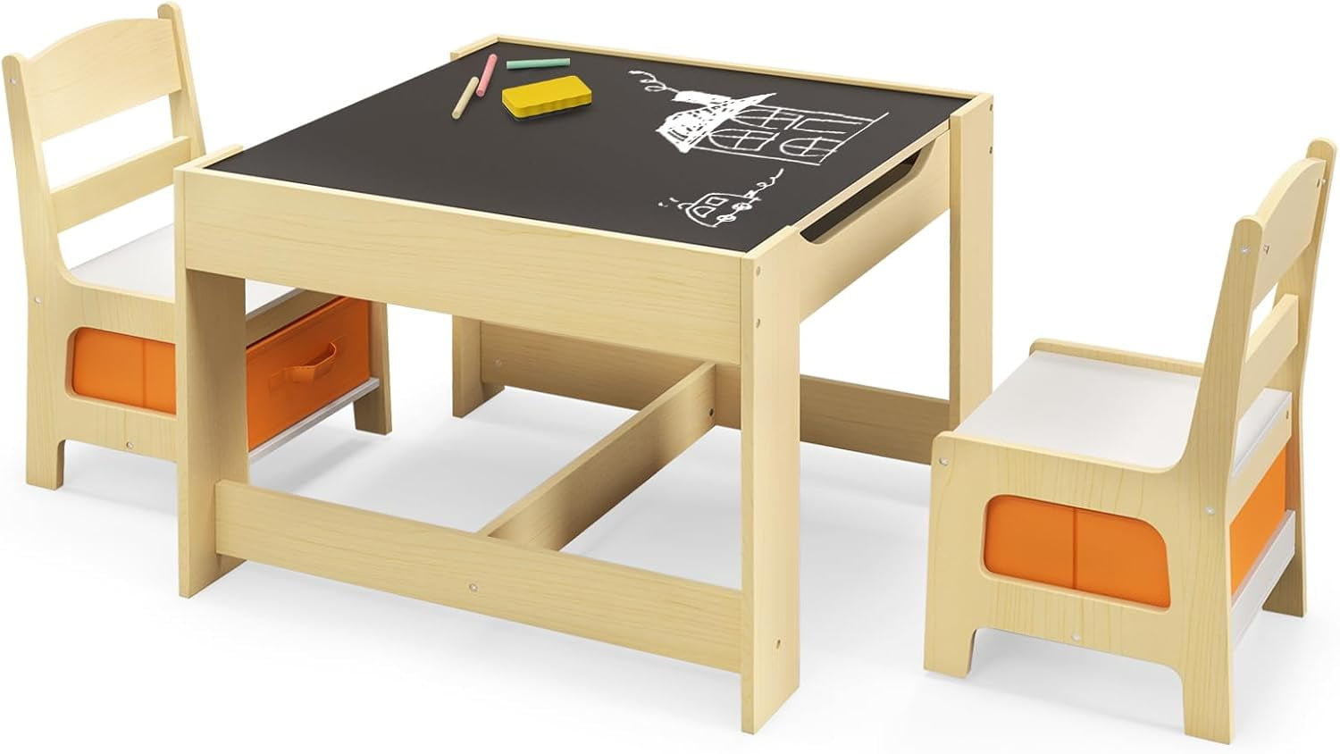 Kids Wood and 2 Chairs Set with Blackboard & Storage Drawers Children ...