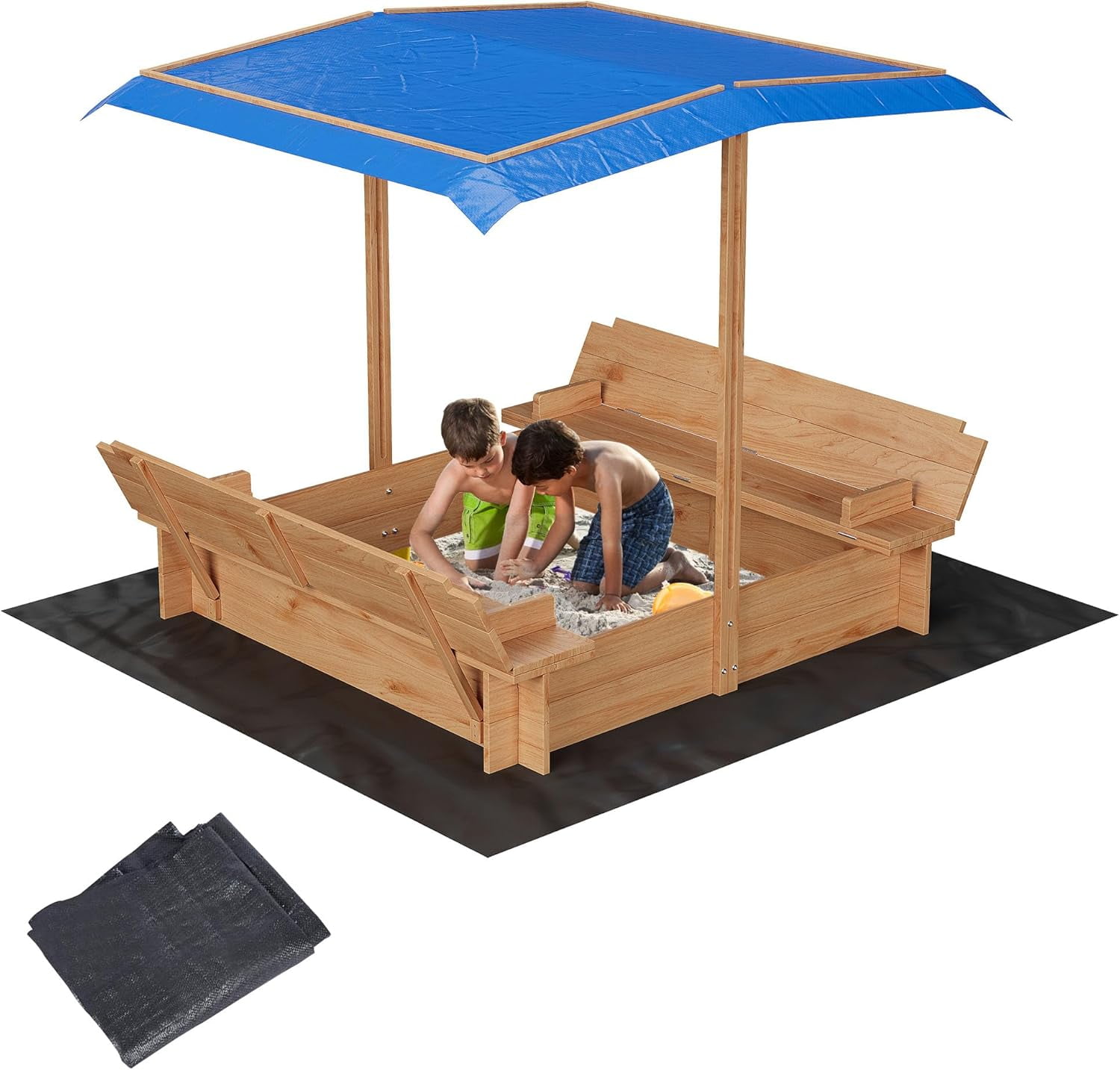 Kids Wood Sandbox with Cover, Sand Boxes with 2 Bench Seats Adjustable ...