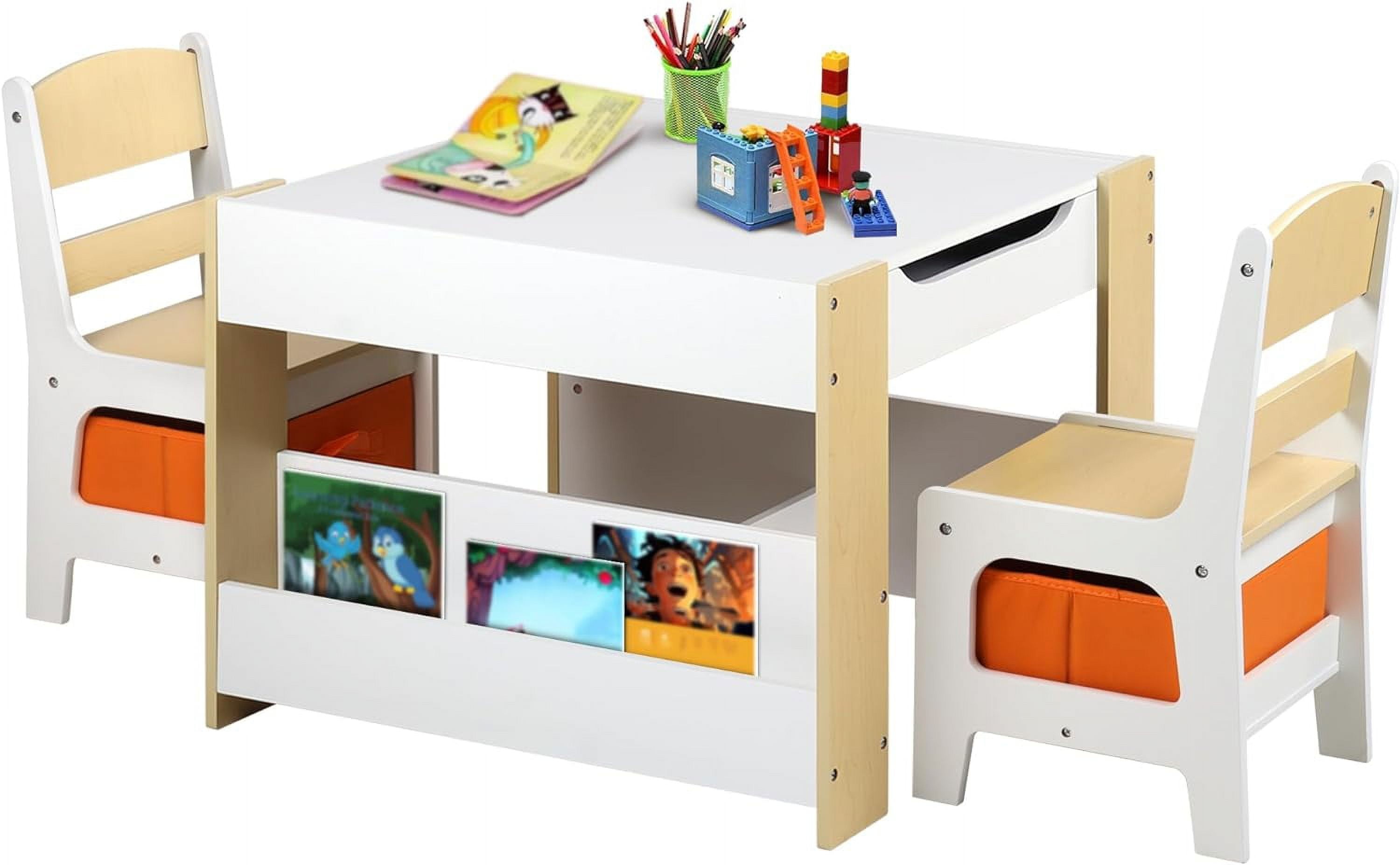Kids Wood Table & 2 Chairs Set, 4 in 1 Children Activity Table w/Double ...