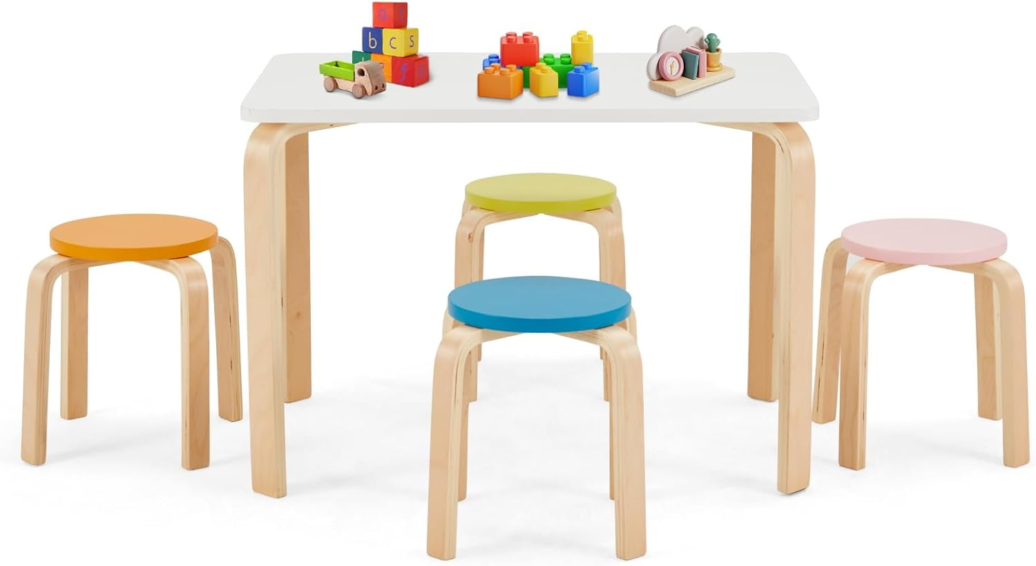 Kids Wood Table and Stool Set - Toddler Table and Chair Set, White ...