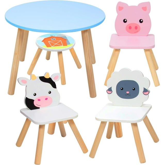 Kids Wooden Animal Table & Chair Set w 3 Seats (Cow Pig Sheep) & Adult ...