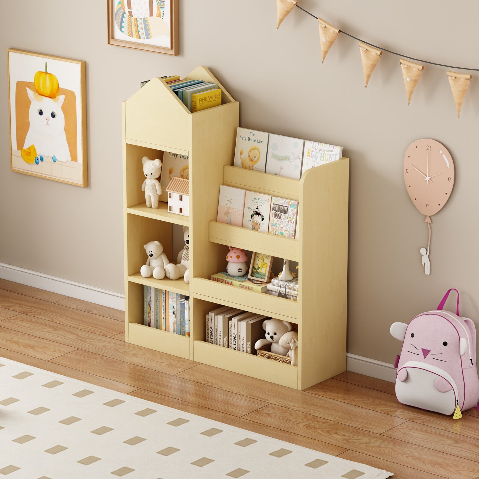 Kids Wooden Bookshelf, Toy Storage Cabinet with Bookcase, Kid's Bin ...