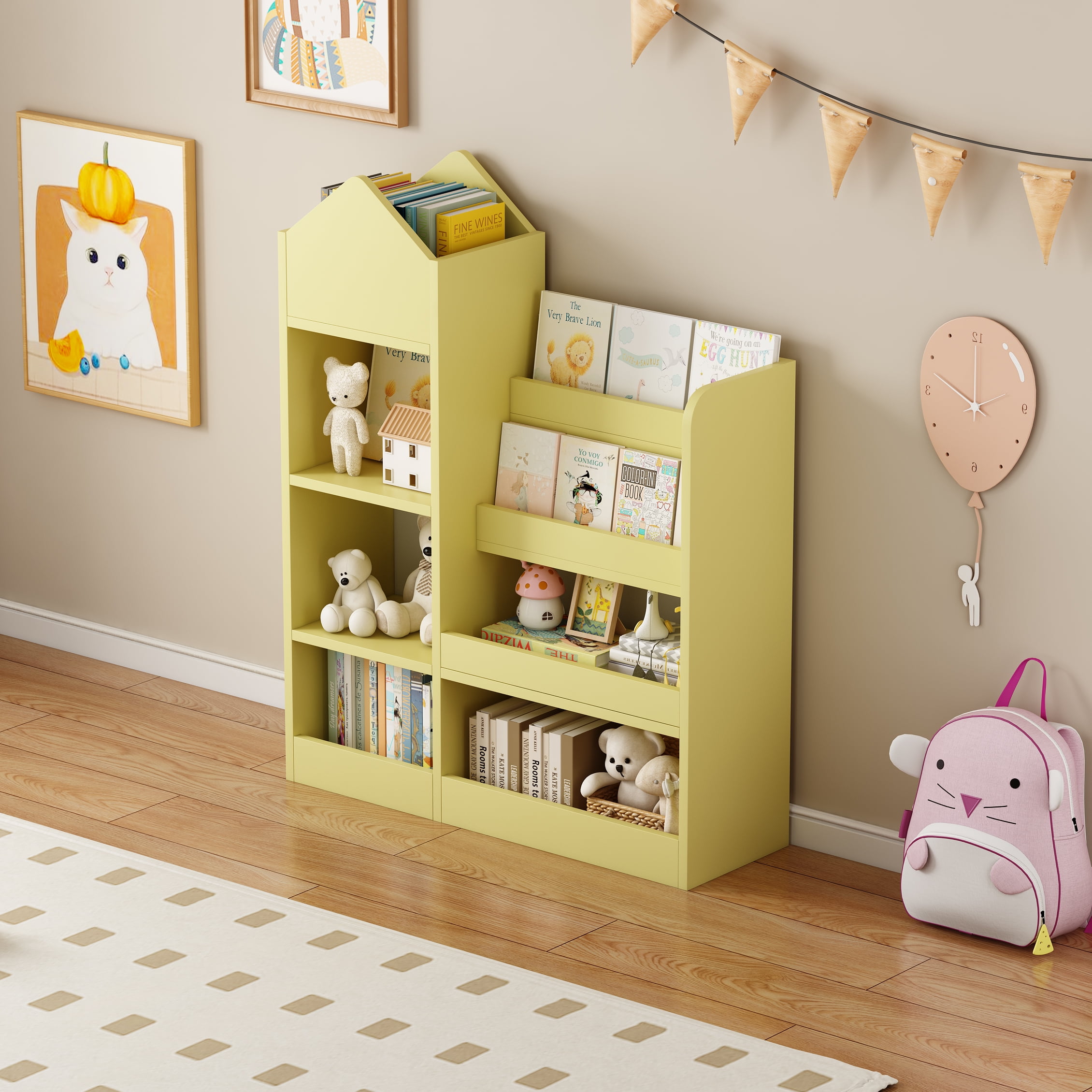 Kids Wooden Bookshelf Toy Storage Organizer with Bookcase, Yellow Bin ...