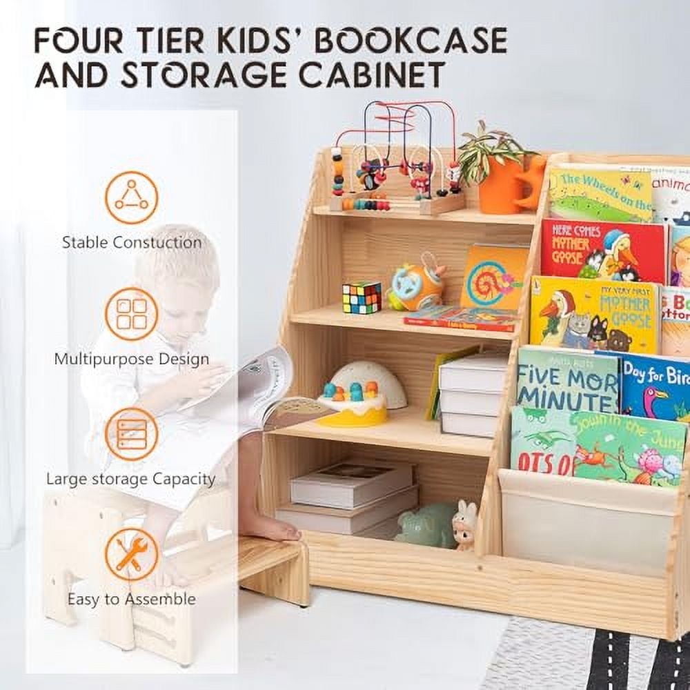 Kids Wooden Bookshelf with Storage, Solid Wood Toy Organizer, Toddler ...
