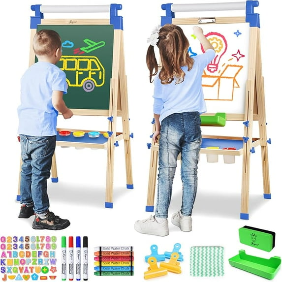 Kids Wooden Easel with Paper Roll – Adjustable Double-Sided Magnetic ...