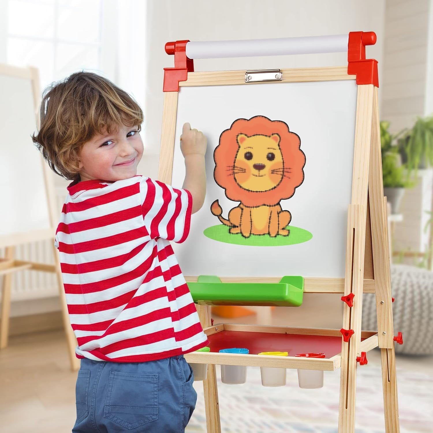 Kids Wooden Easel with Paper Roll - Adjustable Magnetic Double Sided ...