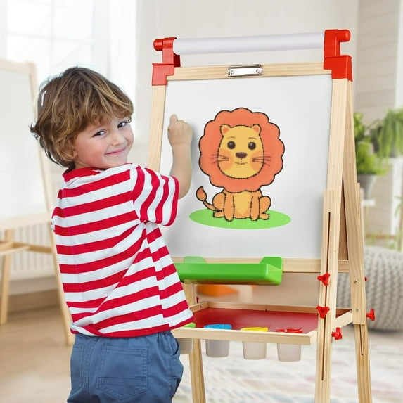 Kids Wooden Easel with Paper Roll - Adjustable Magnetic Double Sided ...