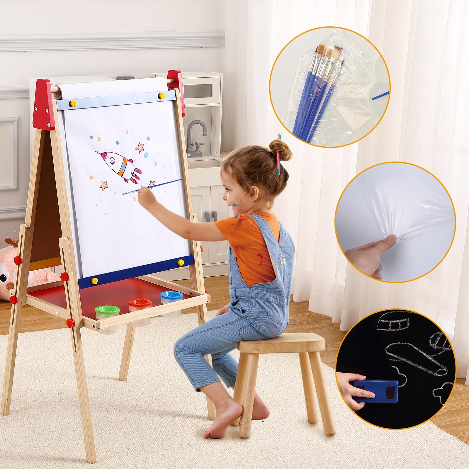 Kids Wooden Easel with Paper Roll, Height Adjustable Double Sided ...