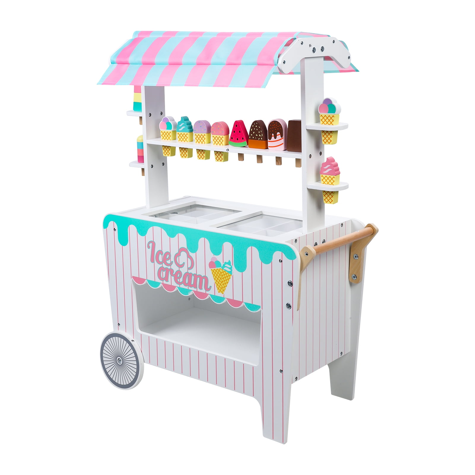 Kids Wooden Ice Cream Cart Toy with Wheels & 12 Popsic le Accessories ...