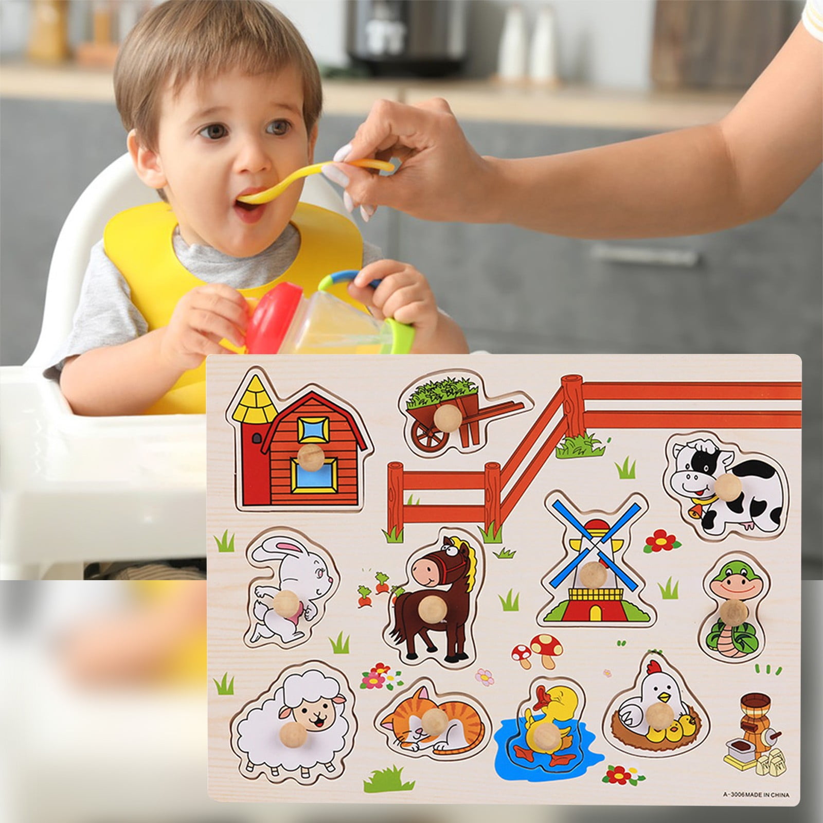 Kids Wooden Peg Puzzles Set With Alphabet Numbers Fruits Animals And ...