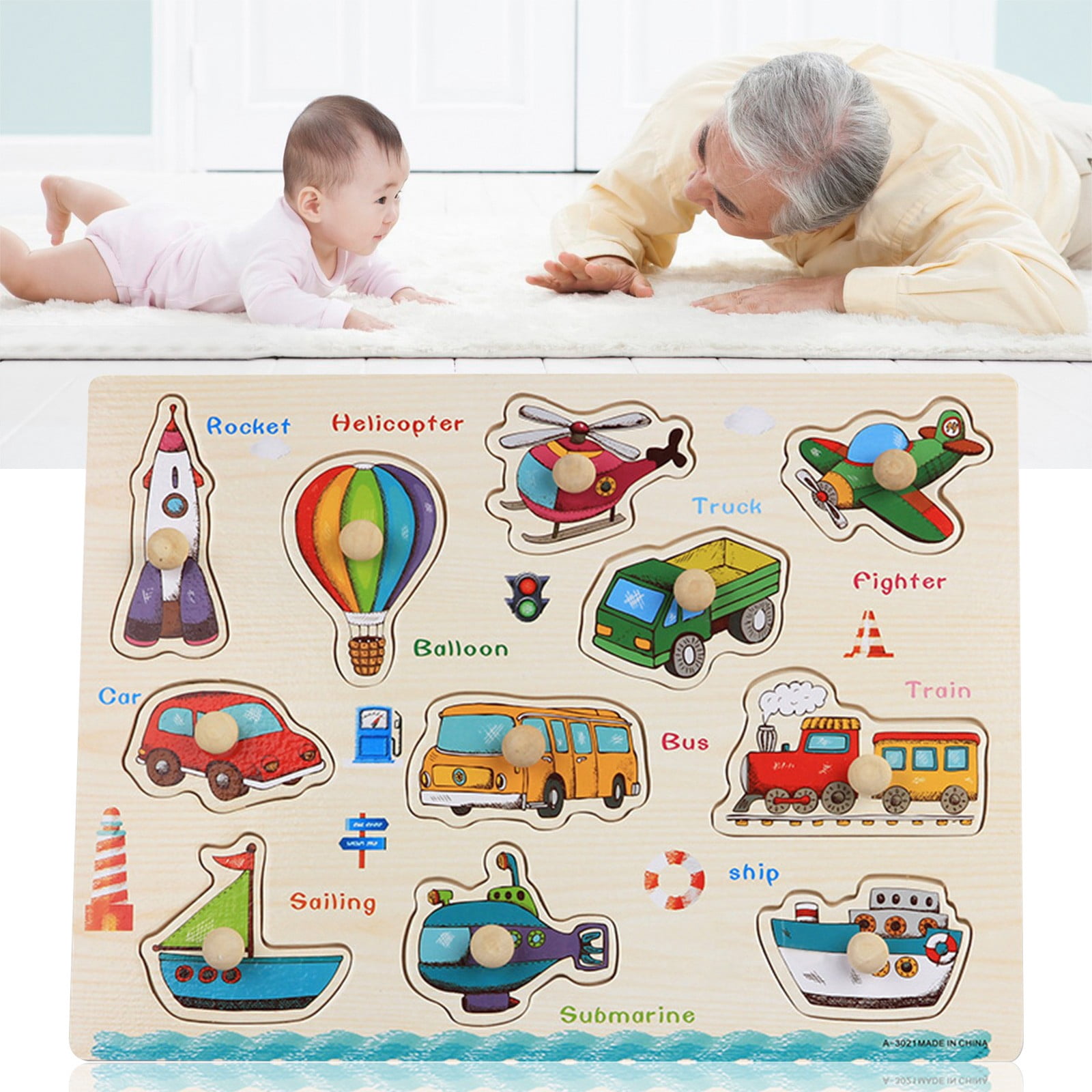 Kids Wooden Peg Puzzles Set With Alphabet Numbers Fruits Animals And ...