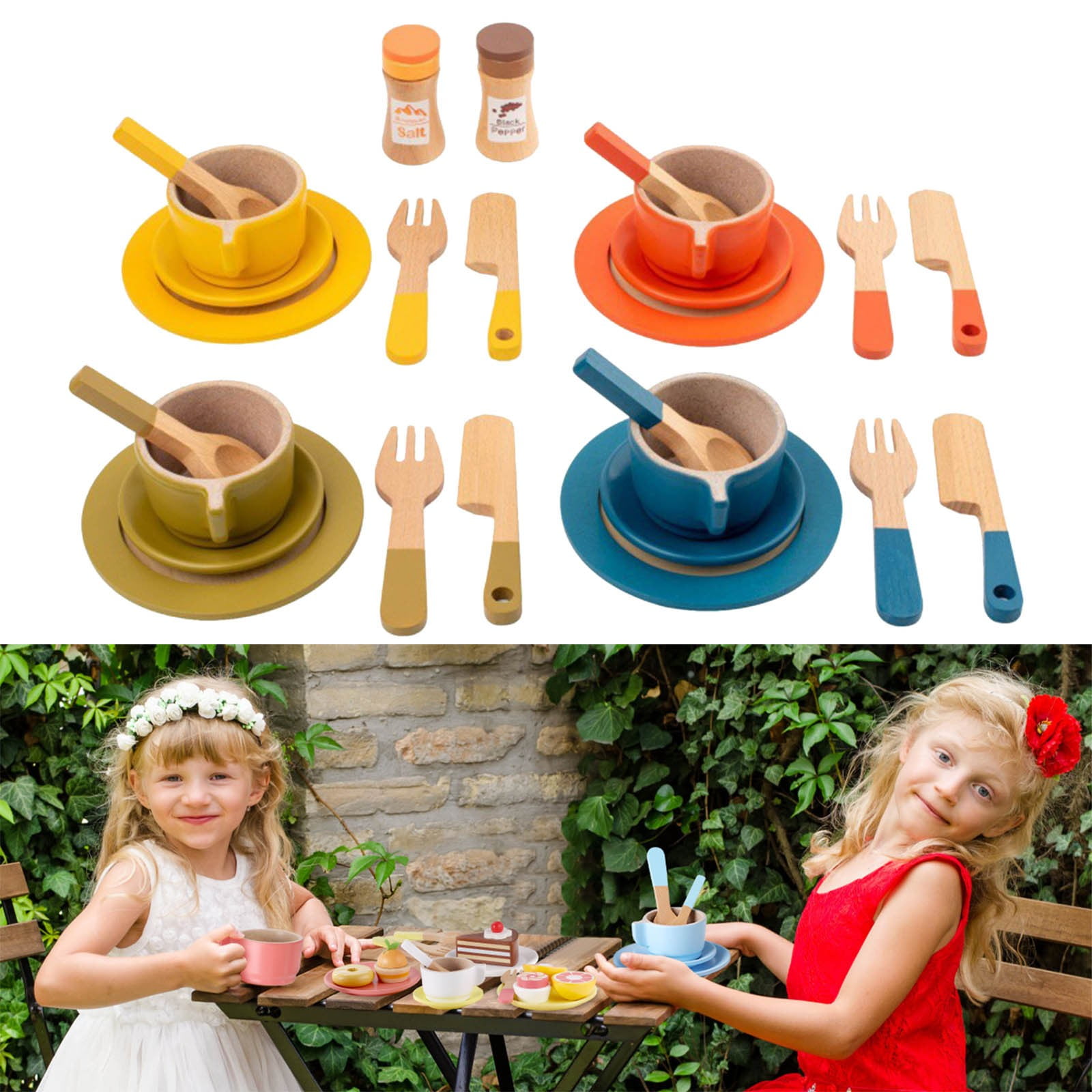 Kids Wooden Play Kitchen Set – Durable Tableware & Food Toys for ...