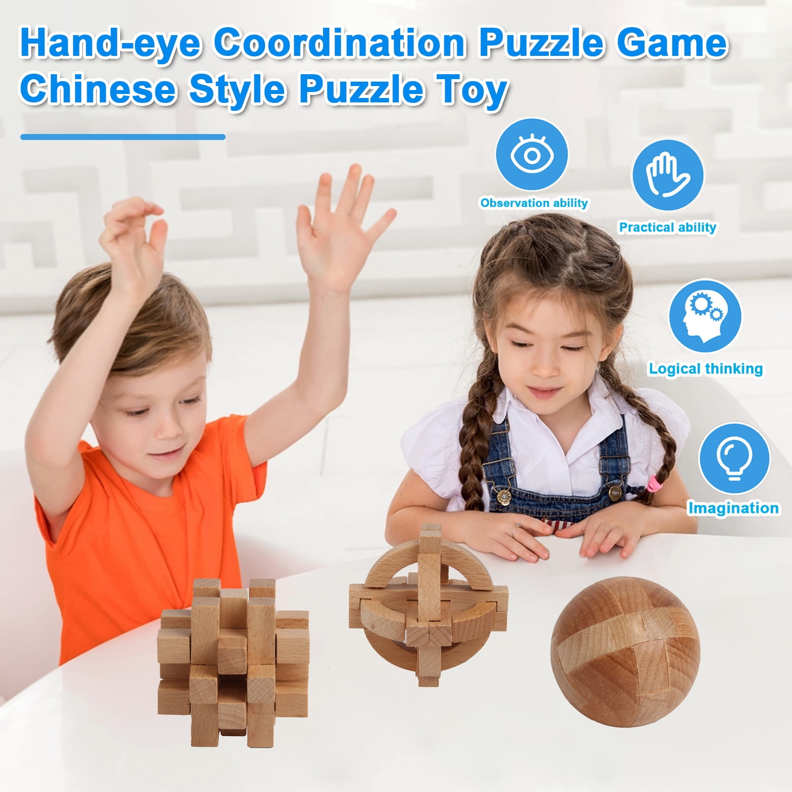 Kids Wooden Puzzle Toy Luban Kong Ming Lock Logical Thinking Training ...