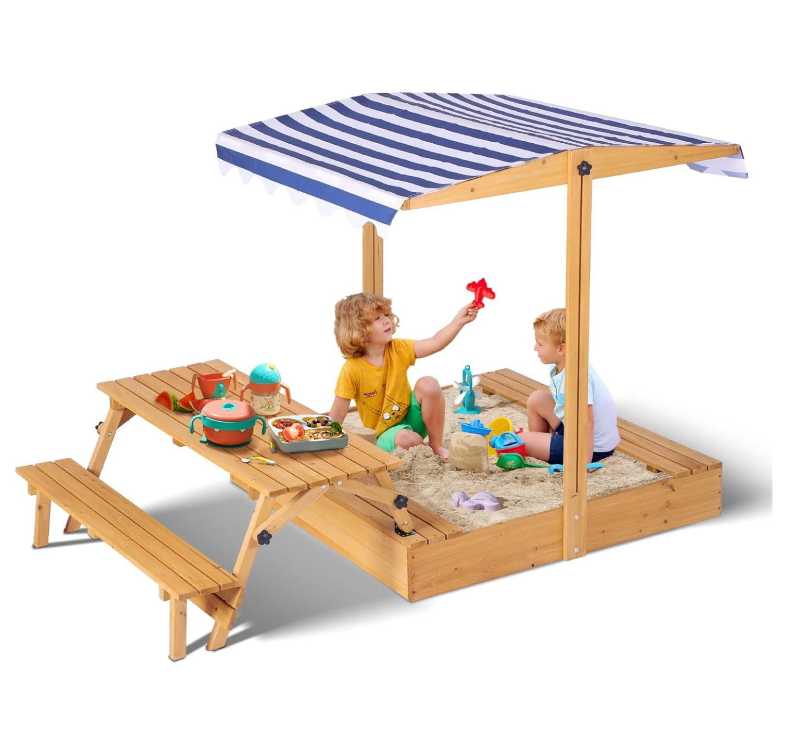 Kids Wooden Sandbox with Adjustable Canopy, Large Sand Pit with ...