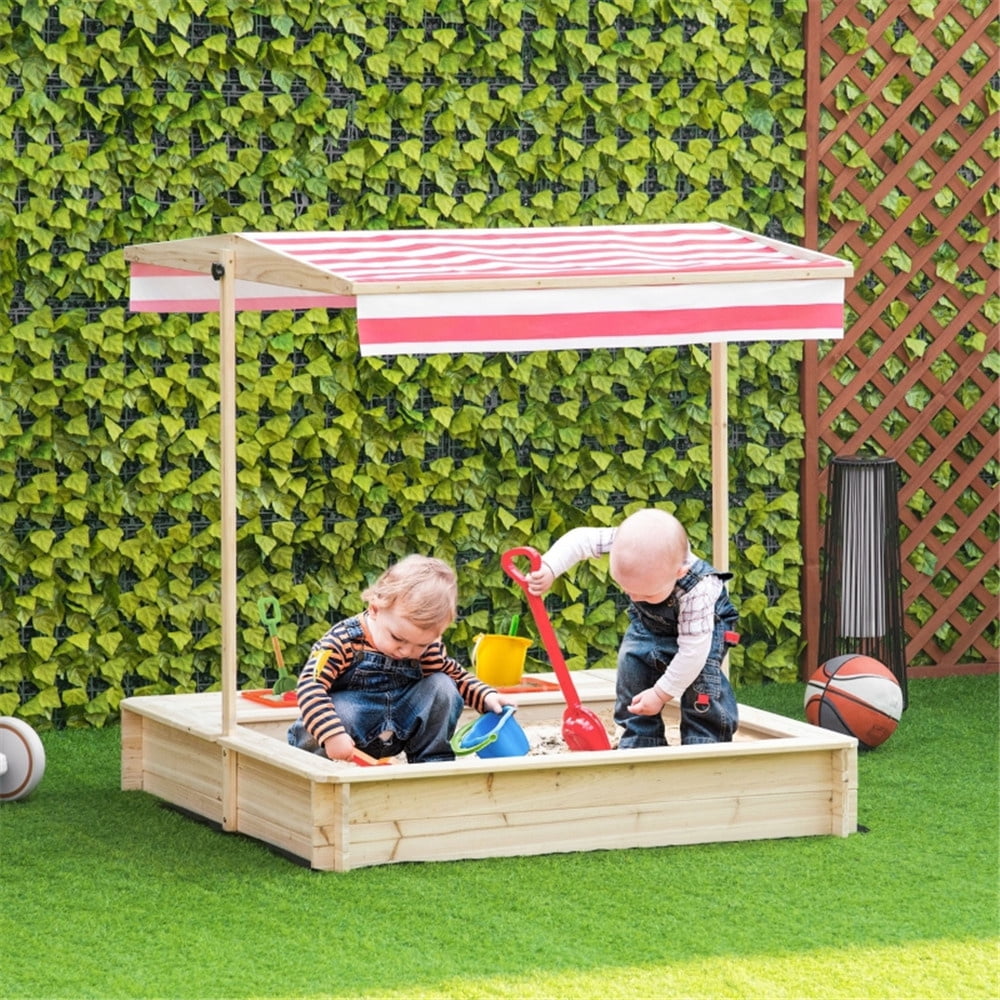 Kids Wooden Sandbox with Adjustable Canopy, Outdoor Playset with 2 ...