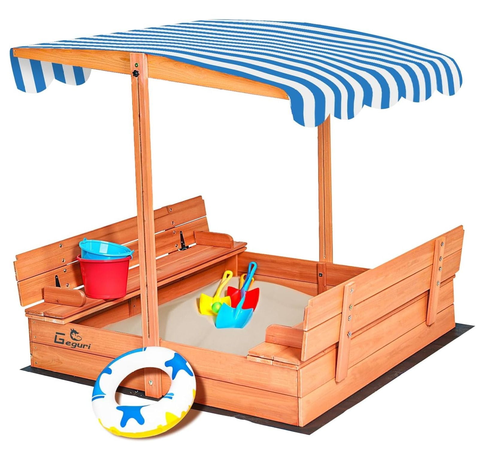 Kids Wooden Sandbox with Cover, Foldable Seats, Retractable Roof, Outdoor Playset, Large Sand ...