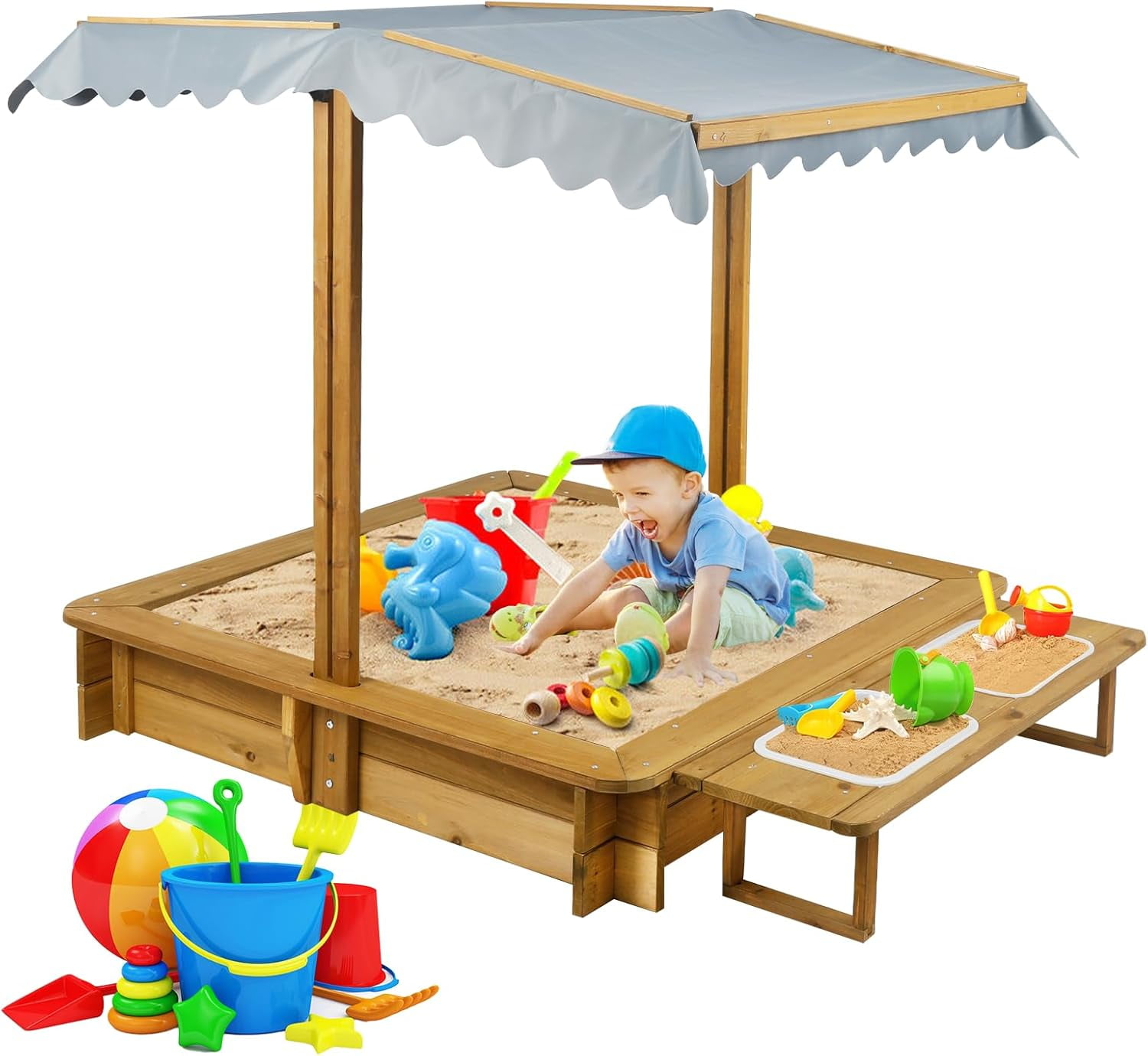 Kids Wooden Sandbox with Cover, Outdoor Sand Box with Lid 2 Side ...