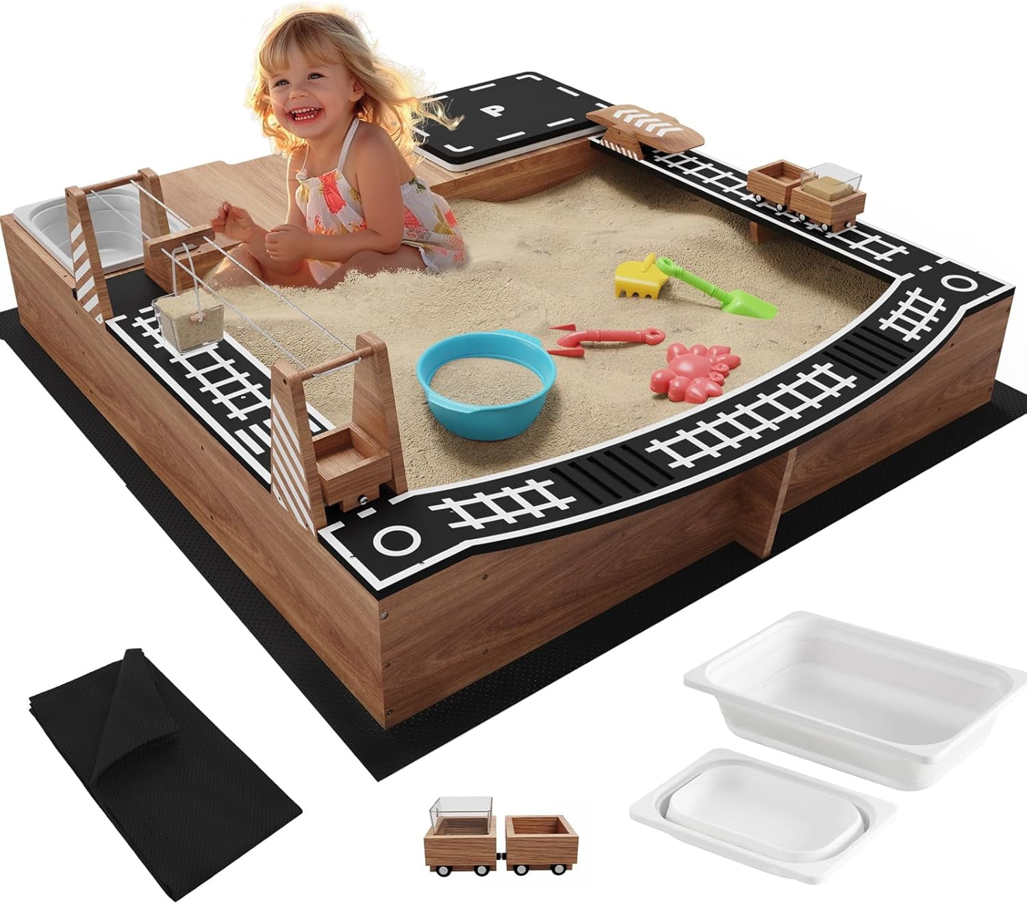 Kids Wooden Sandbox with Fun Sand Play Theme,2 Toy Buckets & 3 Reinforced Benches Outdoor Sand ...