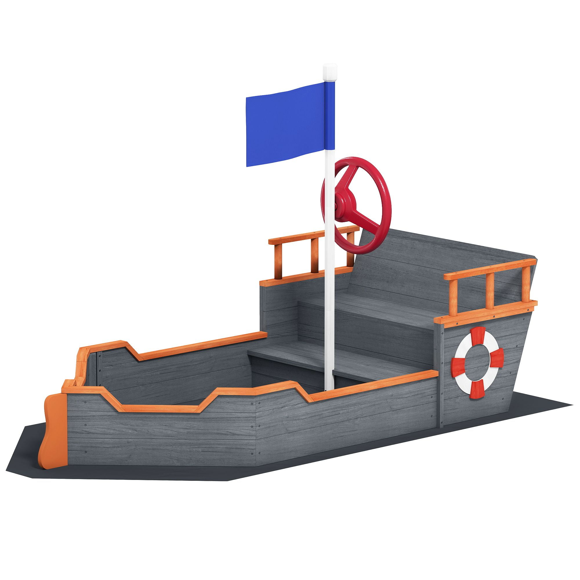 Kids Wooden Sandbox Pirate Ship Sandboat w/ Bench Seat Storage Space ...