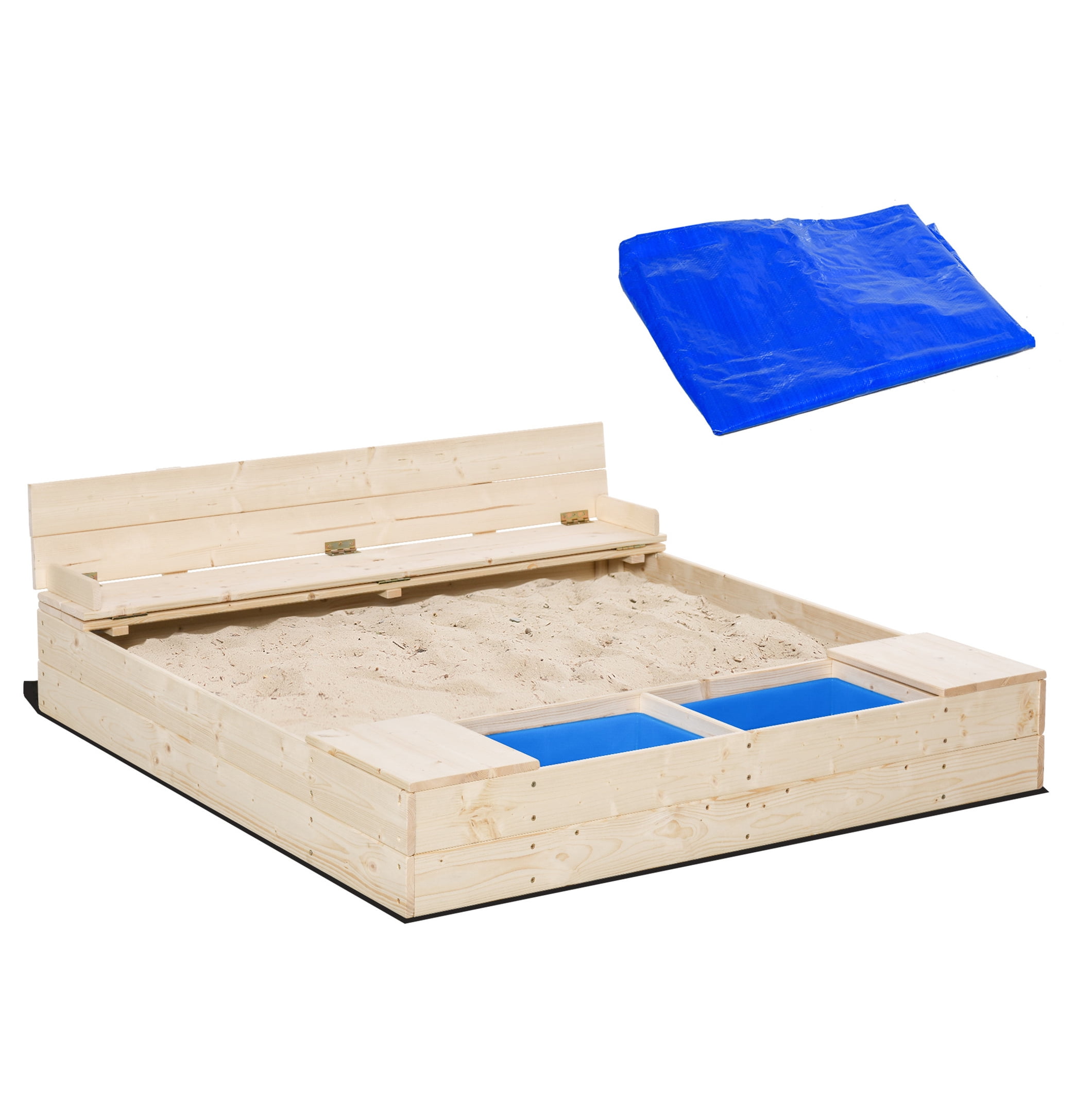 Kids Wooden Sandbox w/ Two Plastic Boxes Foldable Seat Waterproof Cover ...