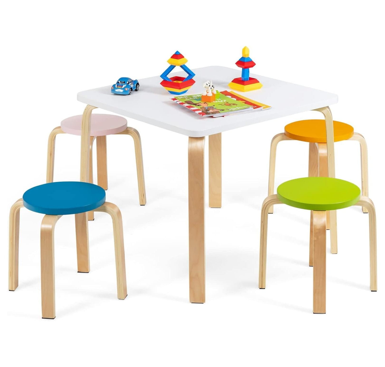 Kids Wooden Table and Stool Set, 5-Piece Activity Table with 4 Stools ...
