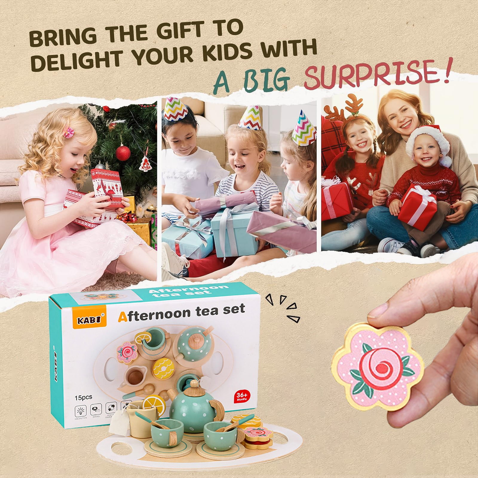 Kids Wooden Tea Set – Organic Beechwood Tea Party Kit with Teapot, Cups ...