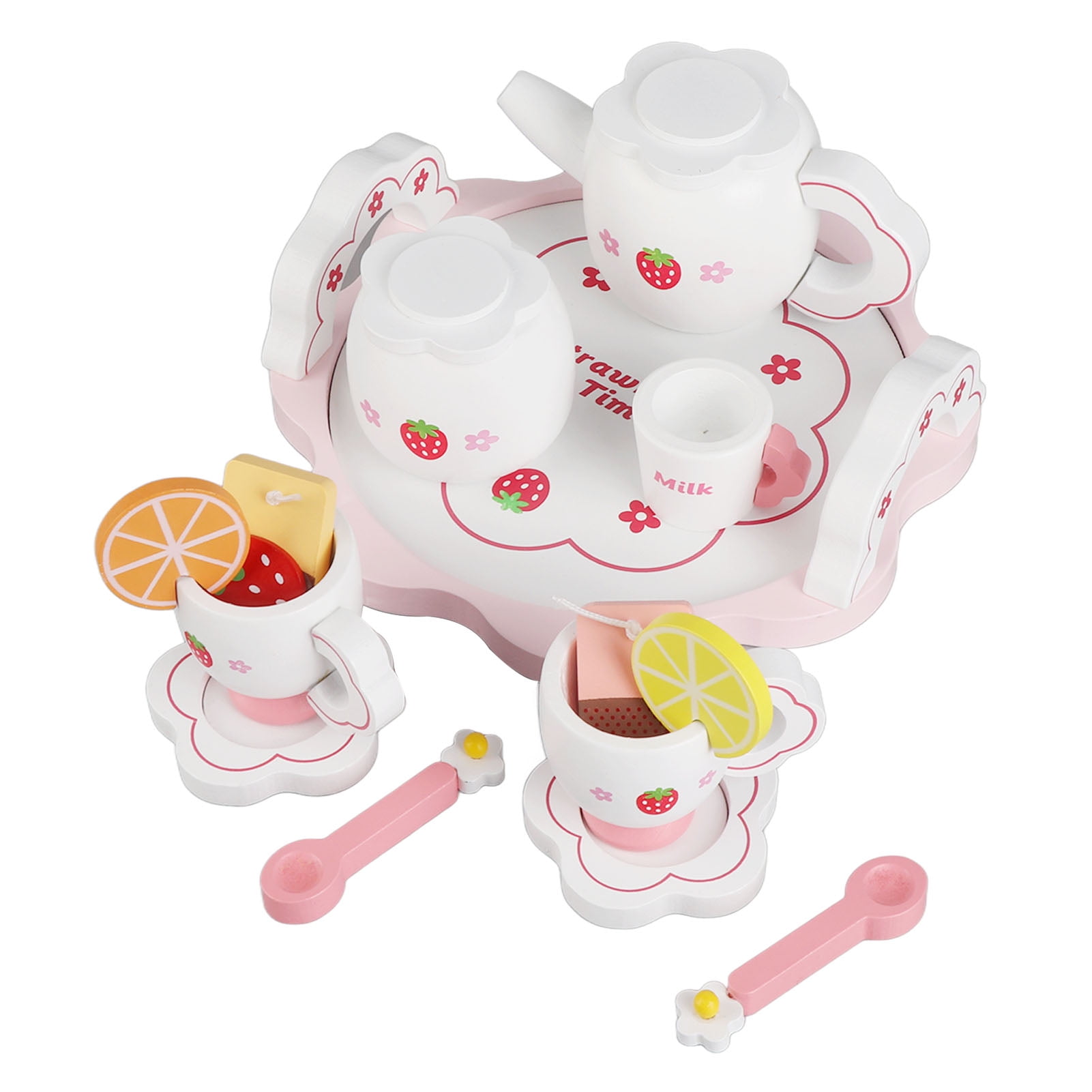 Kids Wooden Tea Set Teapot Cups Tray Spoon Saucer Educational Pretend ...