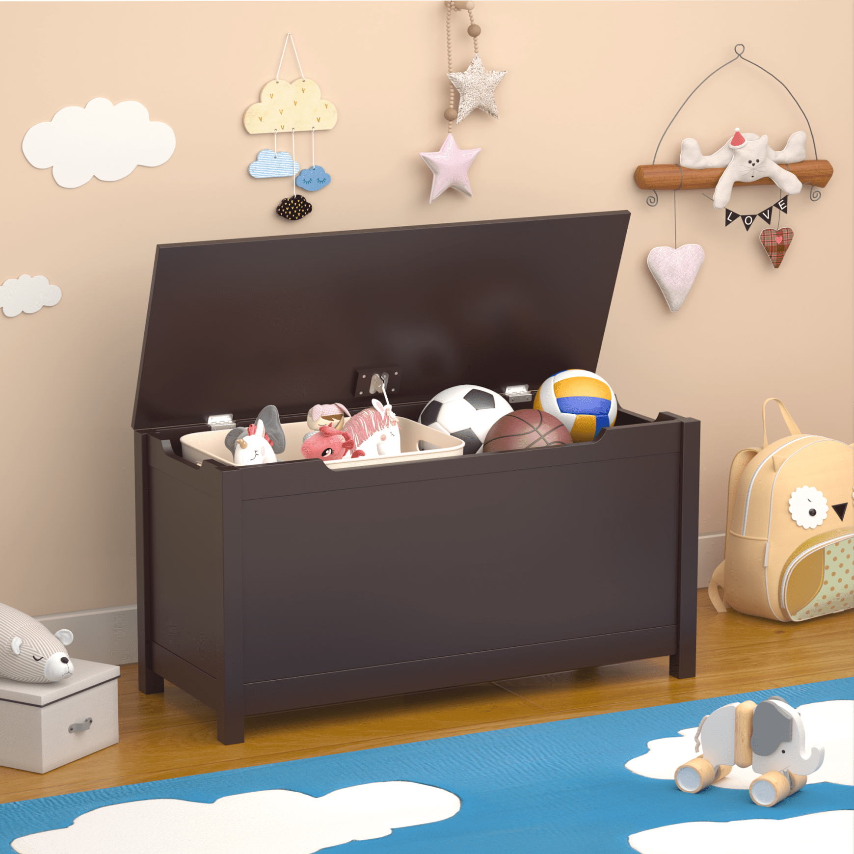 Kids Wooden Toy Box Storage, 31.5" Multifunction Storage Bench for ...