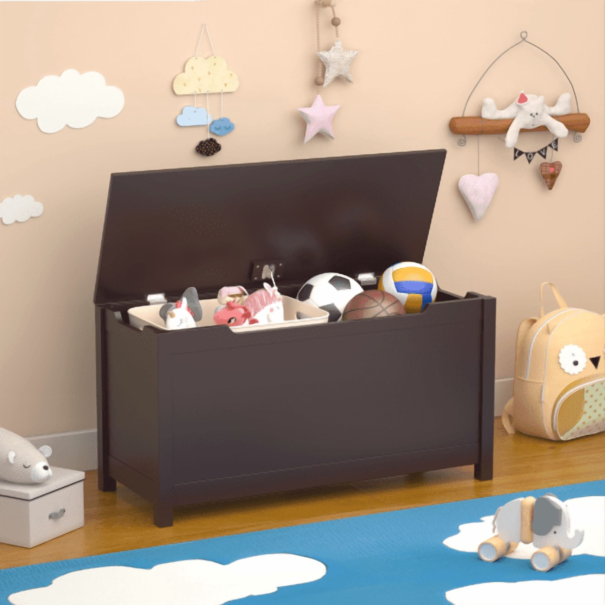 Kids Wooden Toy Box Storage Organizer with Safety Hinged Lid, Large Toy ...