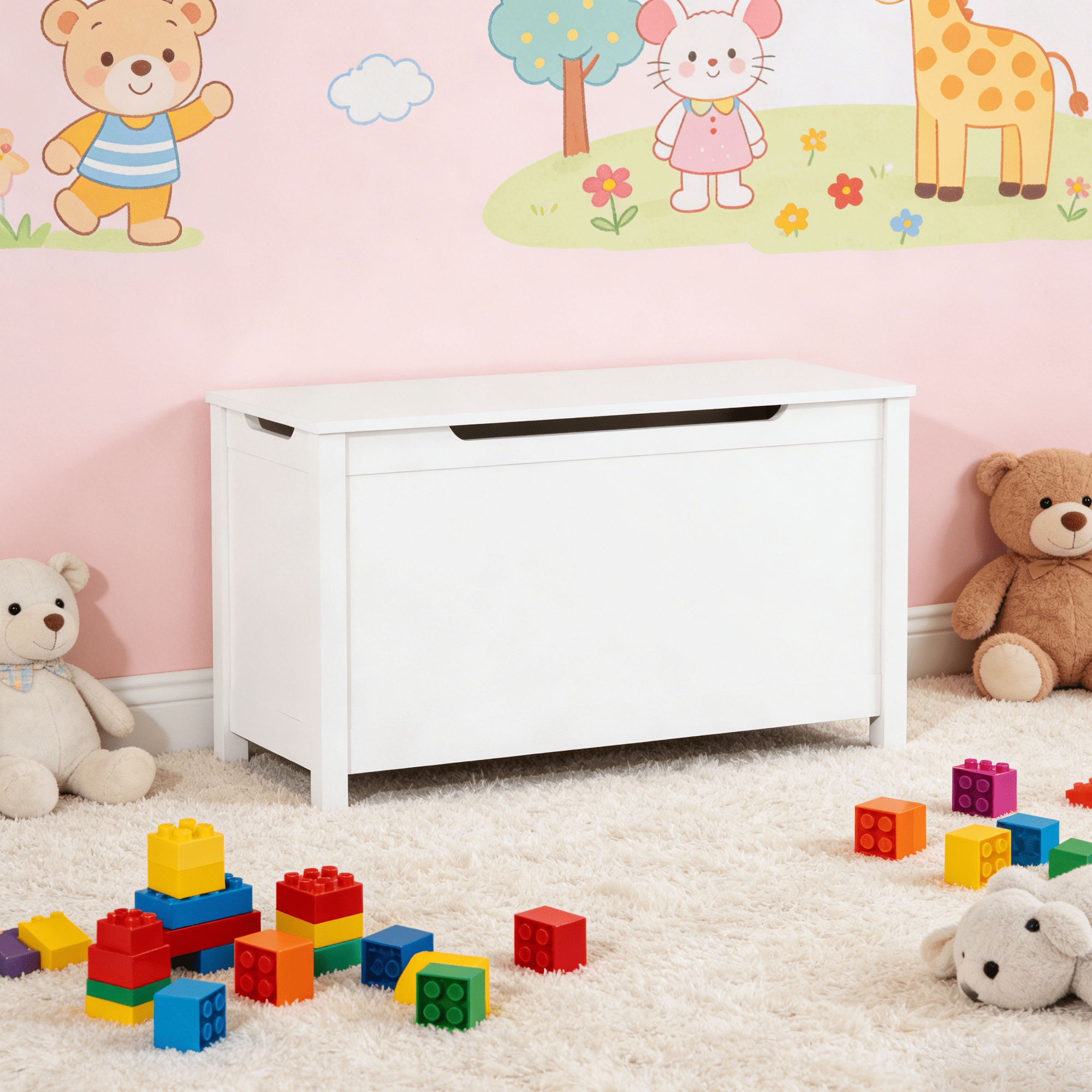 Kids Wooden Toy Box Storage with Safety Hinged Lid, White, Toy Chest ...