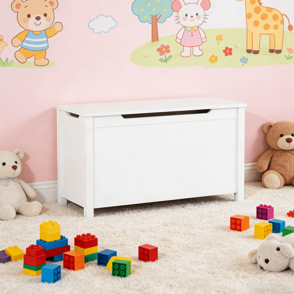 Kids Wooden Toy Box Storage with Safety Hinged Lid, White, Toy Chest ...