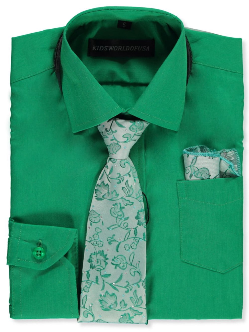 Kids World Boys' Dress Shirt, Tie and Pocket Square, Emerald Color ...