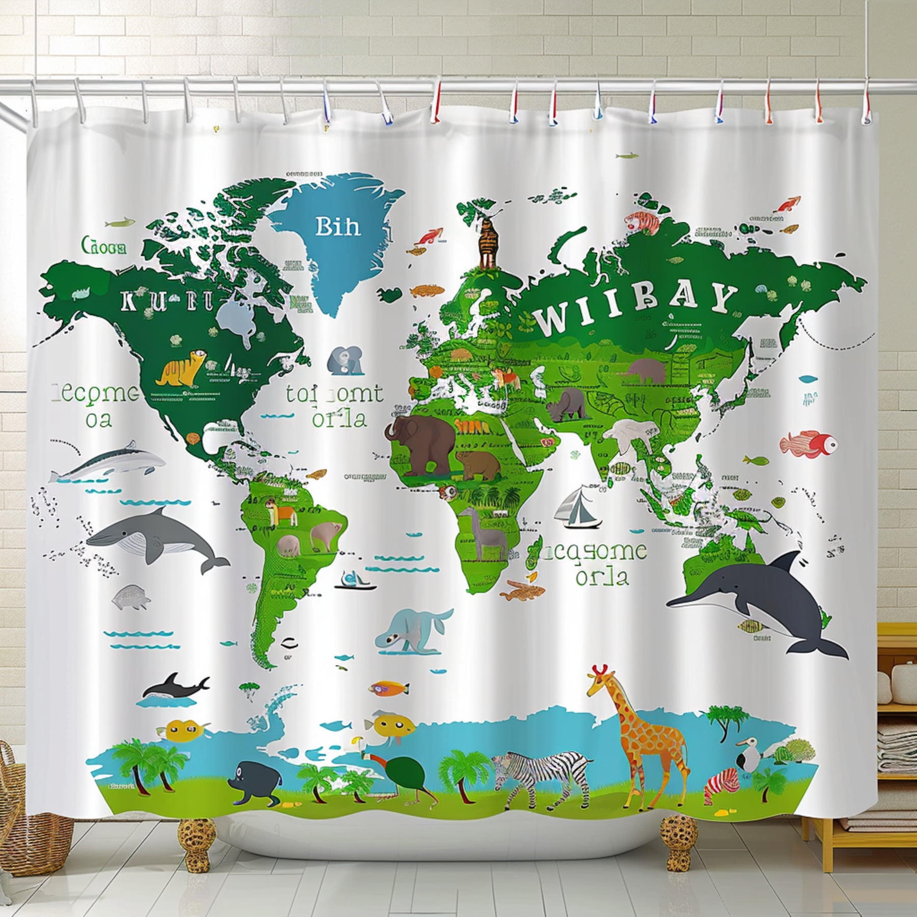Kids' World Map Animals Shower Curtain Cute Cartoon Design for Children ...
