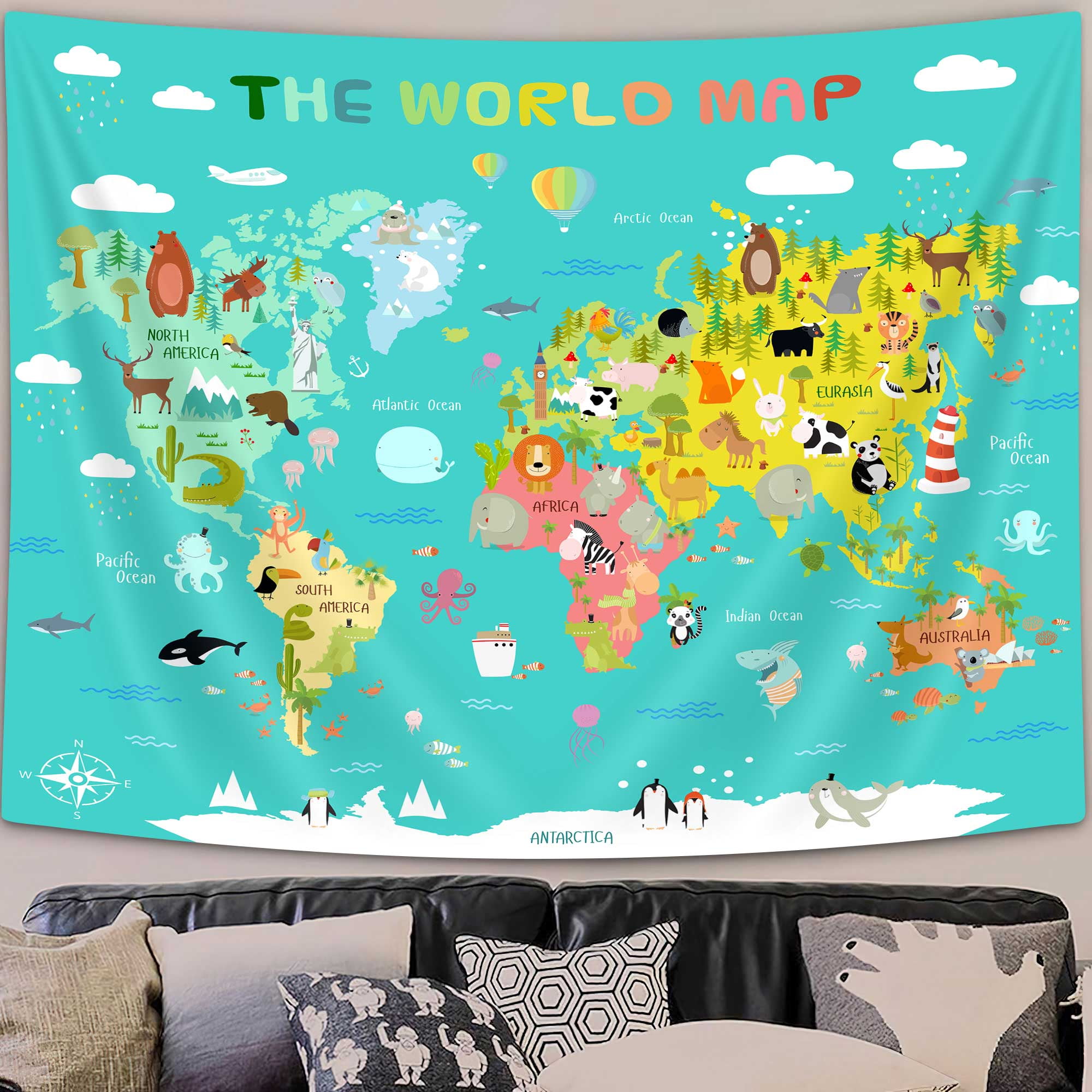 Kids World Map Tapestry, Cartoon Animals Map of World Topography ...