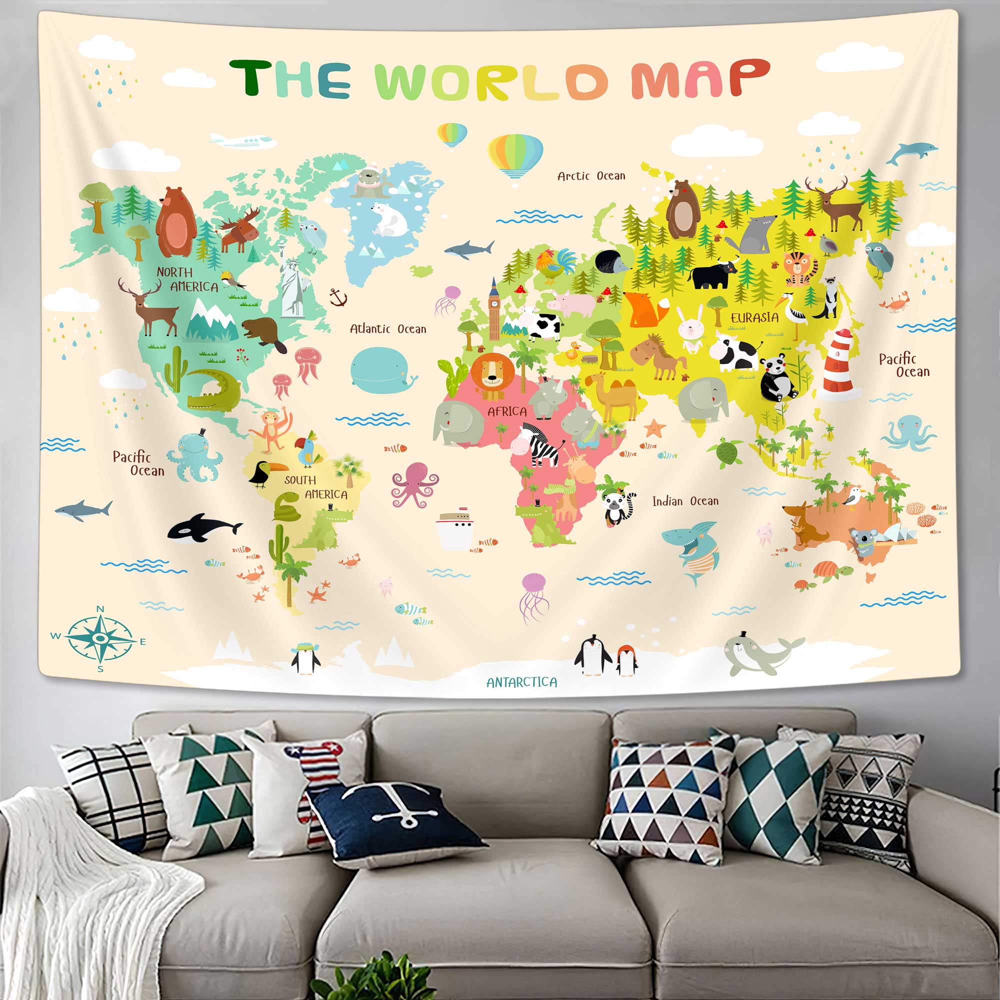 Kids World Map Tapestry, Cartoon Animals Map of World Topography ...