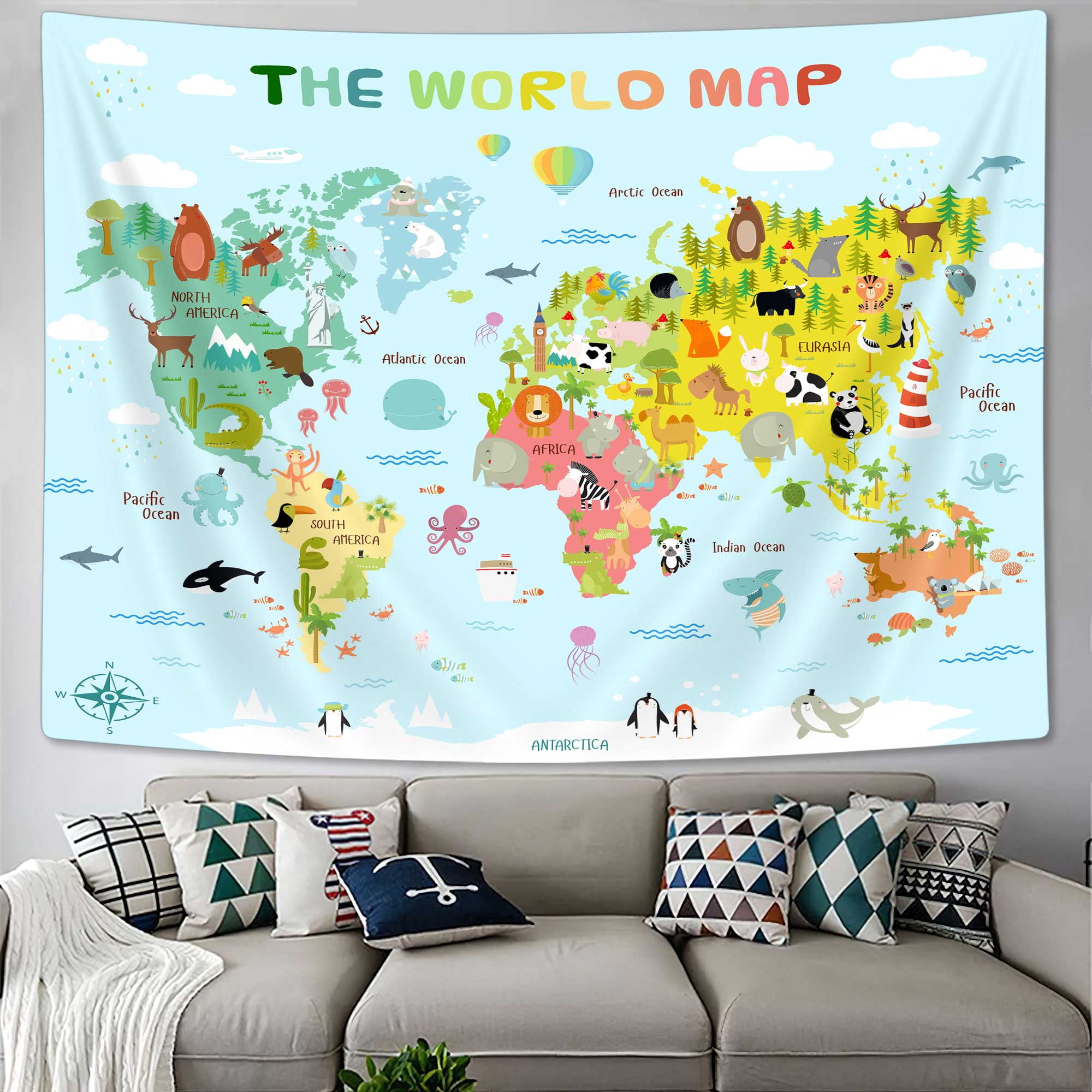 Kids World Map Tapestry, Cartoon Animals Map of World Topography ...