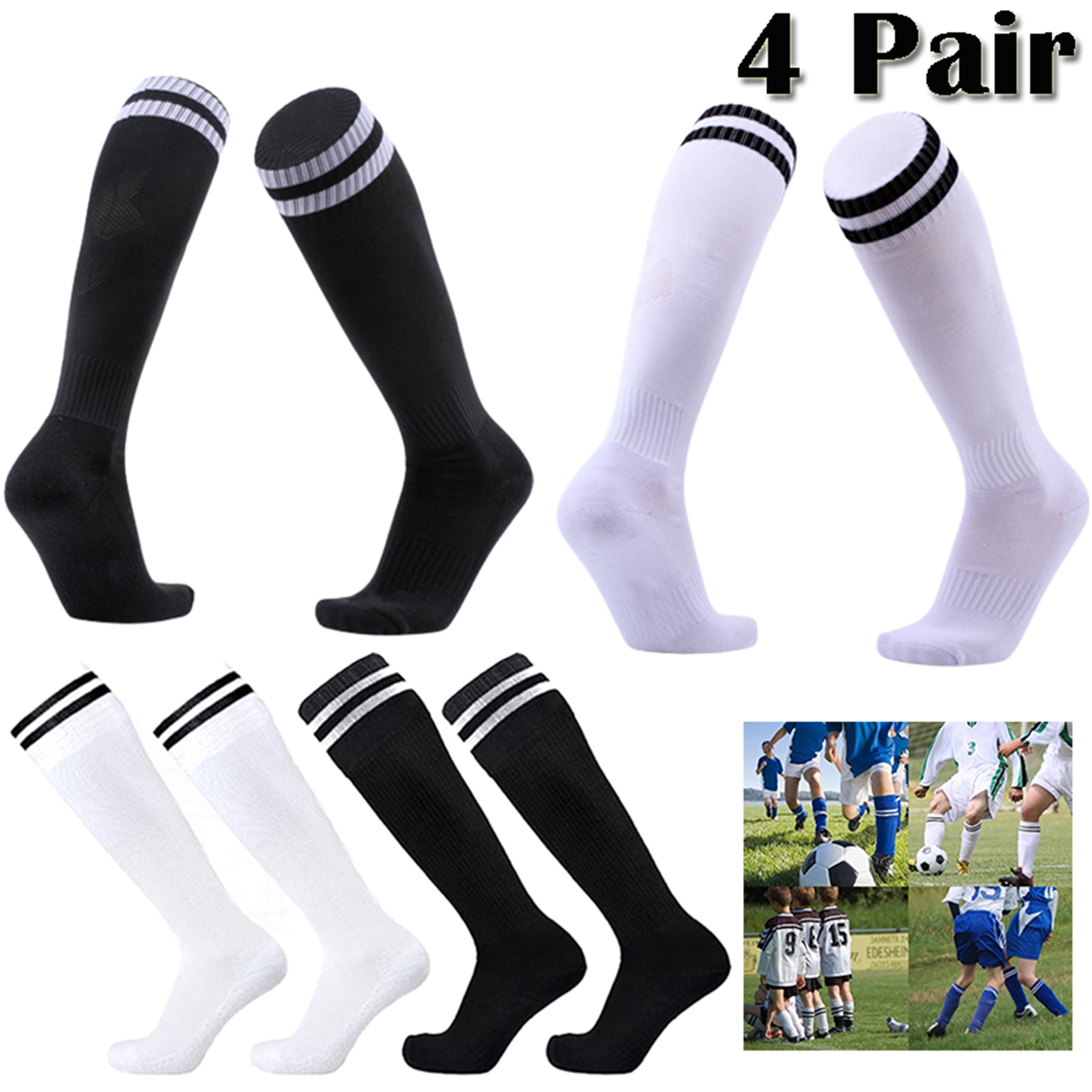 Kids Youth Soccer Socks 4 Pairs, Elbourn Solid Striped Knee High Tube ...