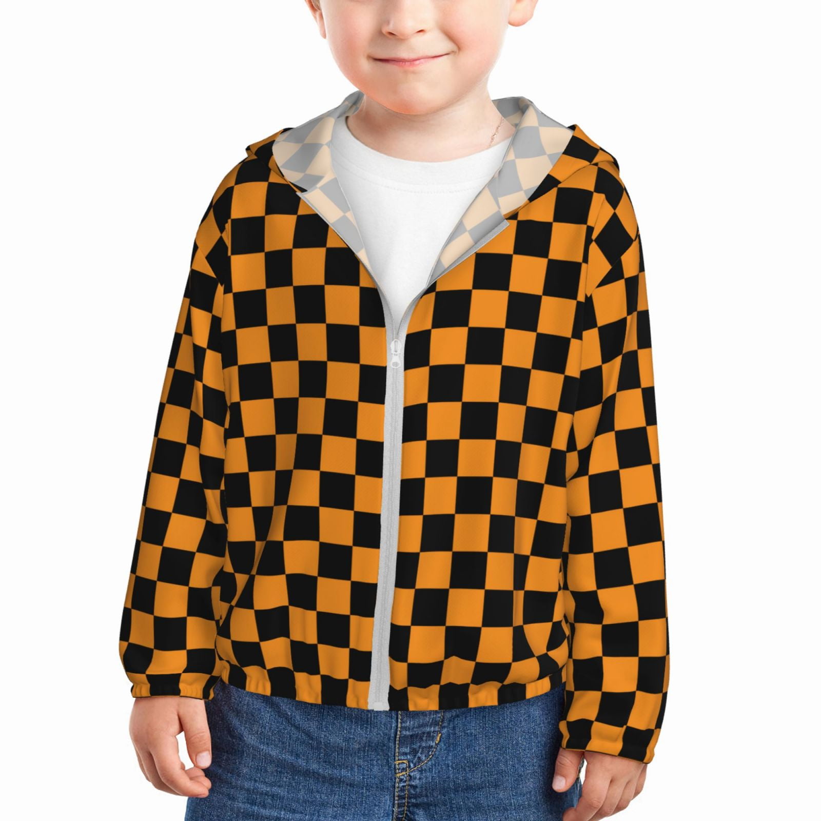 Kids Zip Up Hoodie for Boys Girls Toddler - Black orange checkered Lightweight Long Sleeve 18M ...