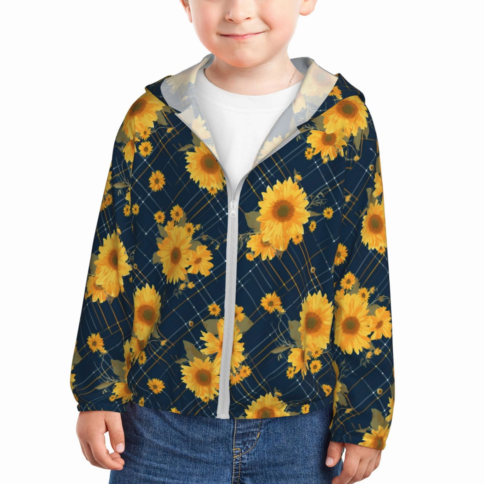 Kids Zip Up Hoodie for Boys Girls Toddler - Blue Striped Sunflower A Lightweight Long Sleeve 4T ...
