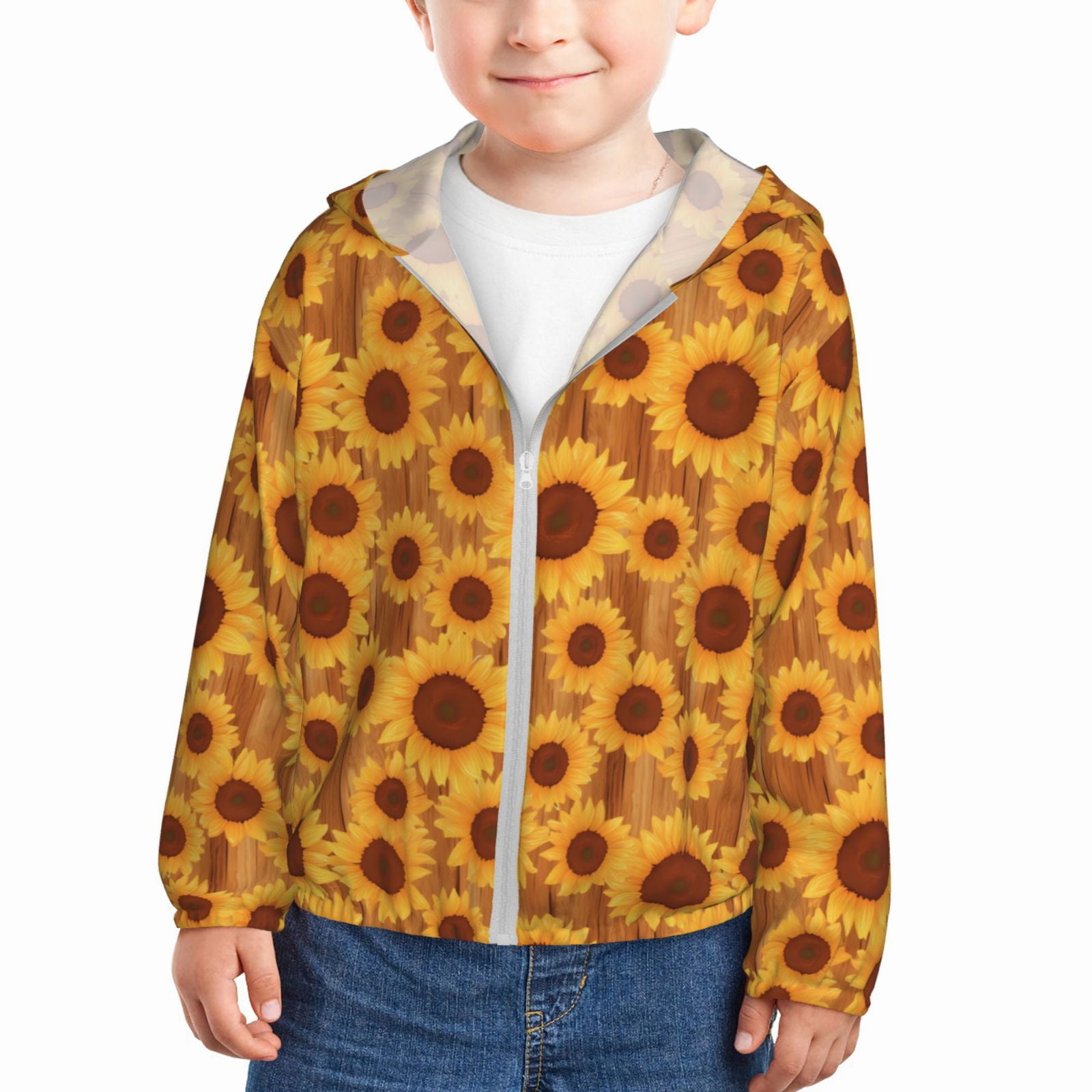 Kids Zip Up Hoodie for Boys Girls Toddler - Brown Wood Grain Sunflower A Lightweight Long Sleeve ...