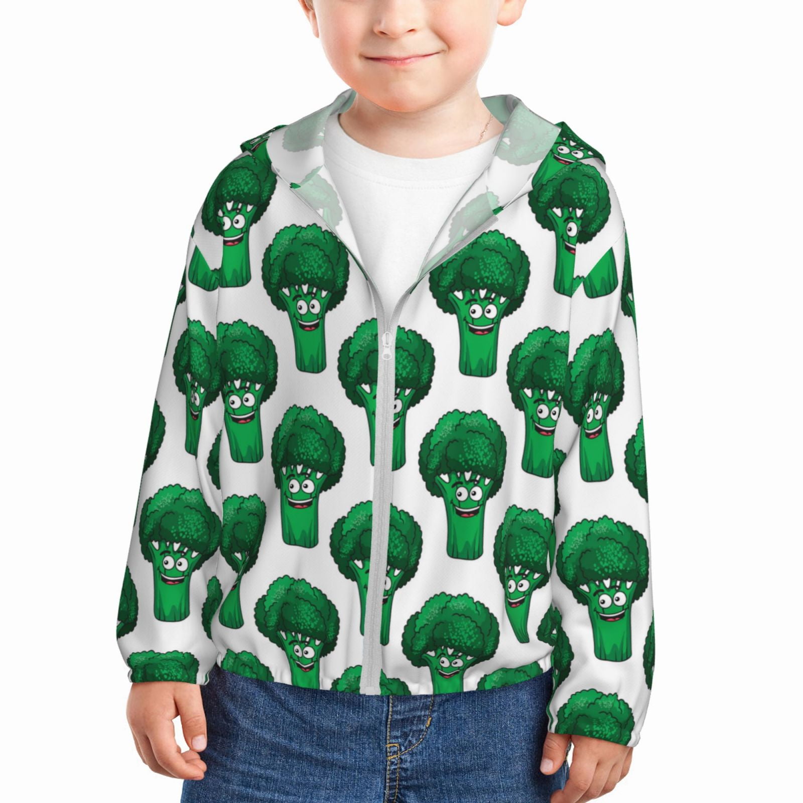 Kids Zip Up Hoodie for Boys Girls Toddler - Cartoon smiling green broccoli cute Lightweight Long ...