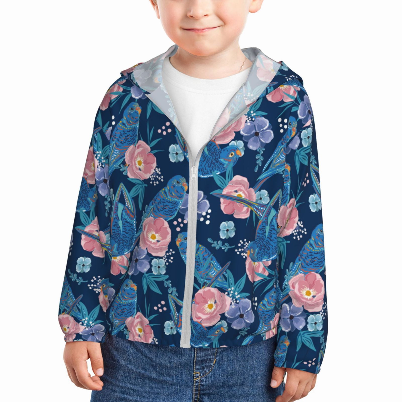 Kids Zip Up Hoodie for Boys Girls Toddler - Classic Blue Cute Parrot Flower Lightweight Long ...