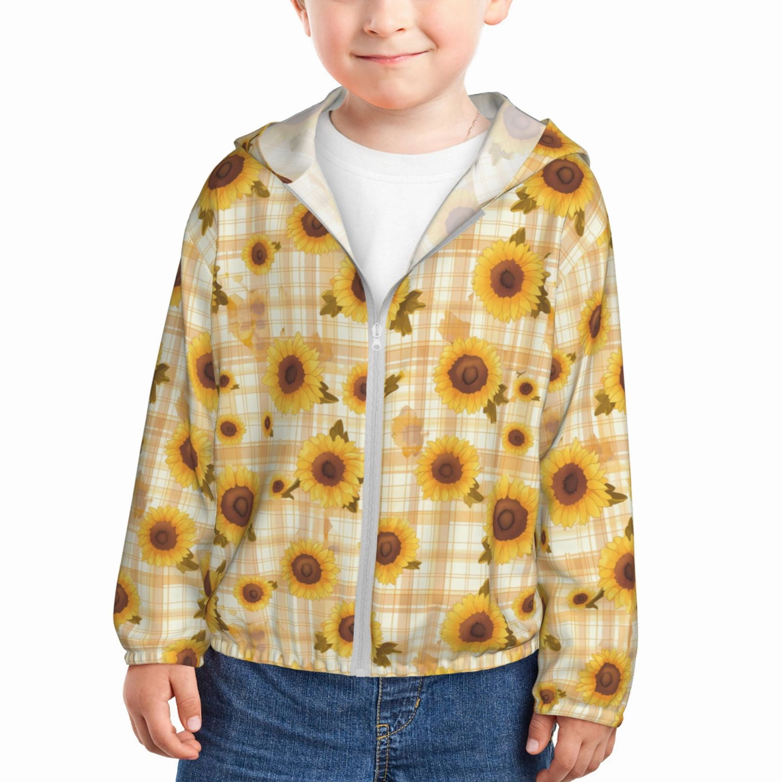 Kids Zip Up Hoodie for Boys Girls Toddler - Coffee Plaid Sunflower Lightweight Long Sleeve 2T ...