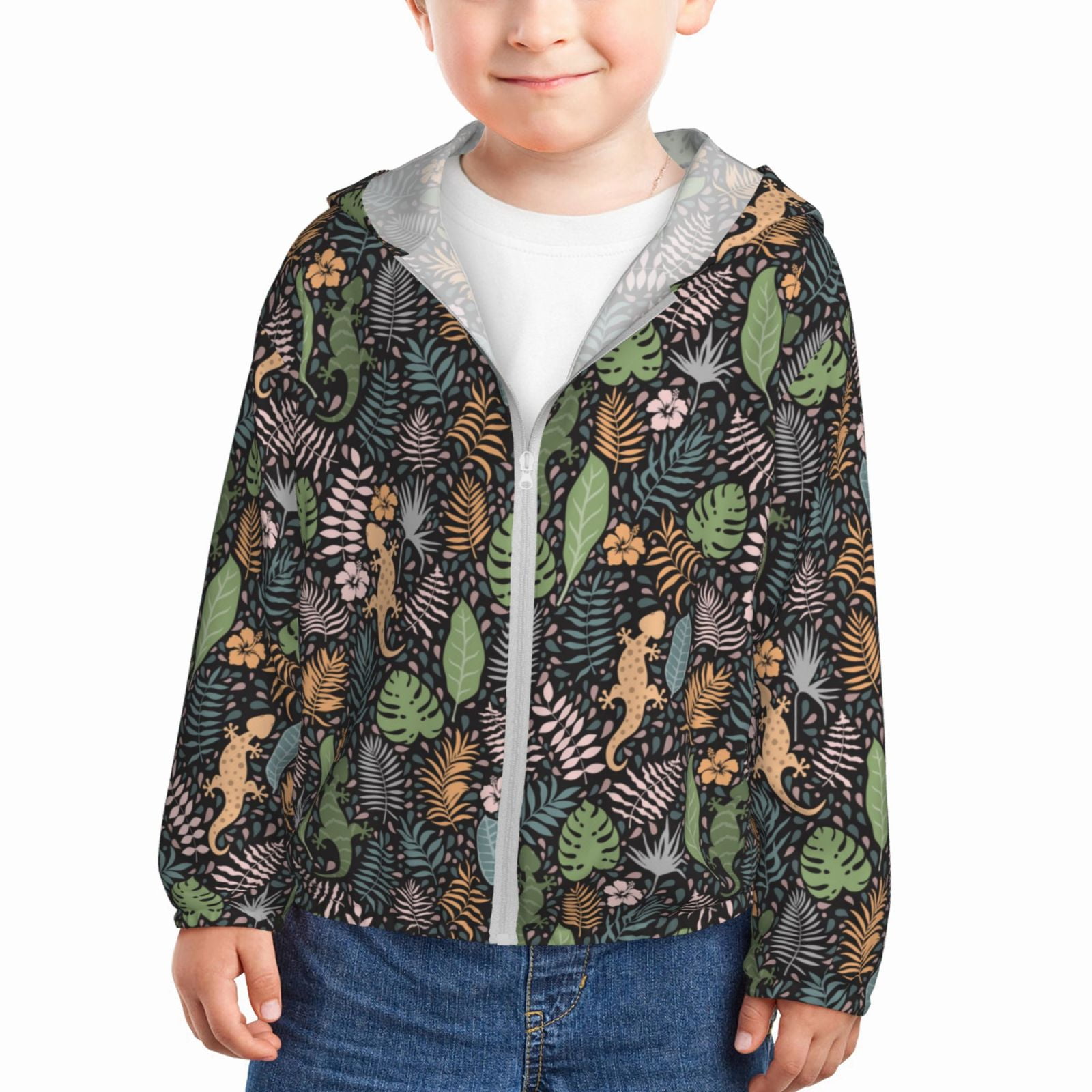 Kids Zip Up Hoodie for Boys Girls Toddler - Cute Lizard Gecko Tropical Plant Lightweight Long ...